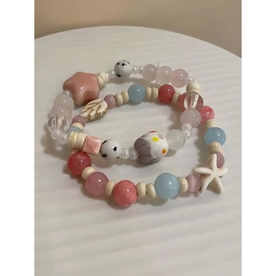 2pcs Set Pink Beaded Starfish Charm Bracelet For Women