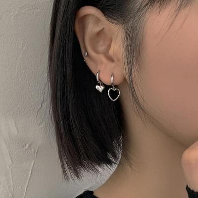 Fashion Silver Color Hoop Earring Asymmetry Heart Charm Stud