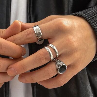 4Pcs/Set Gothic Vintage Silver Color Geometric Ring for Men