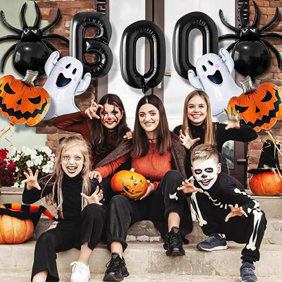 9Pcs Halloween Black Boo Balloons Set White Ghost Black Spid