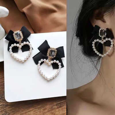 Vinage Black Bowkno Earrings Women Imiaion Pearl Hear Drop E