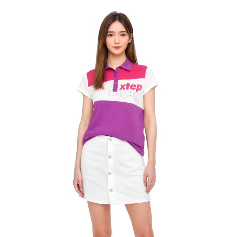 特步新品女子时尚运动短袖宽松翻领休闲短袖POLO衫988228020111