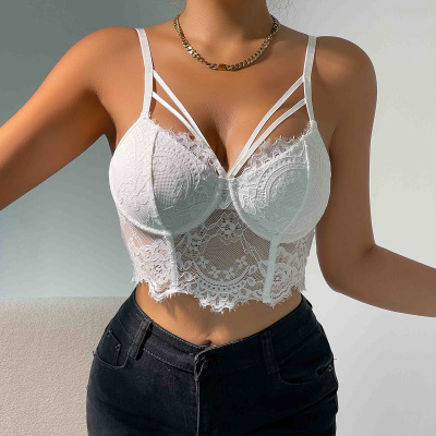 夏秋新款跨境女装亮眼设计感性感蕾丝透视托胸吊带小背心11134