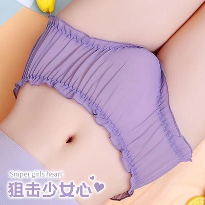6RBI蕾丝微透纯欲内裤女透气纯色女士甜美网纱百褶性感中腰三角裤