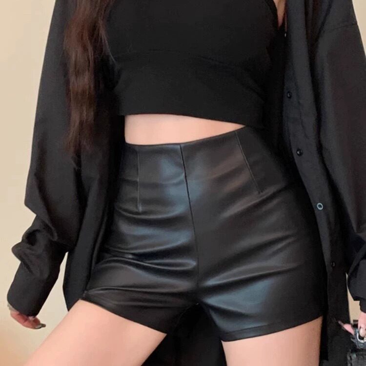 小个子PU皮裤女辣妹打底短裤秋冬季新款外穿黑色高腰a字紧身靴裤