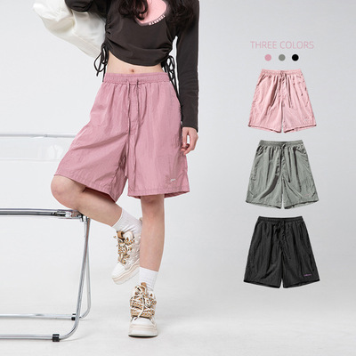 金属质感微皱五分裤子夏季新款宽松刺绣运动短裤女L2255-P31控49