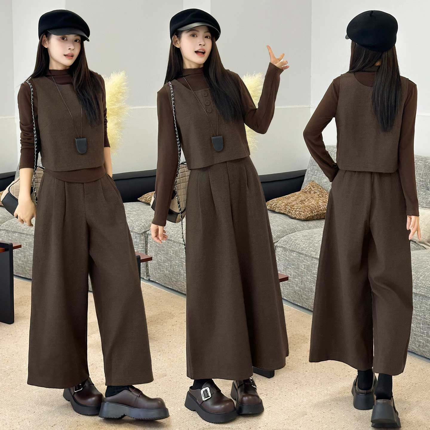 时尚套装女秋季新款气质时髦减龄马甲背心打底衫高腰阔腿裤三件套