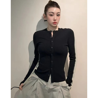 欧洲站2026春新款HAV欧货 百搭圆领拼色单排扣长袖开衫上衣