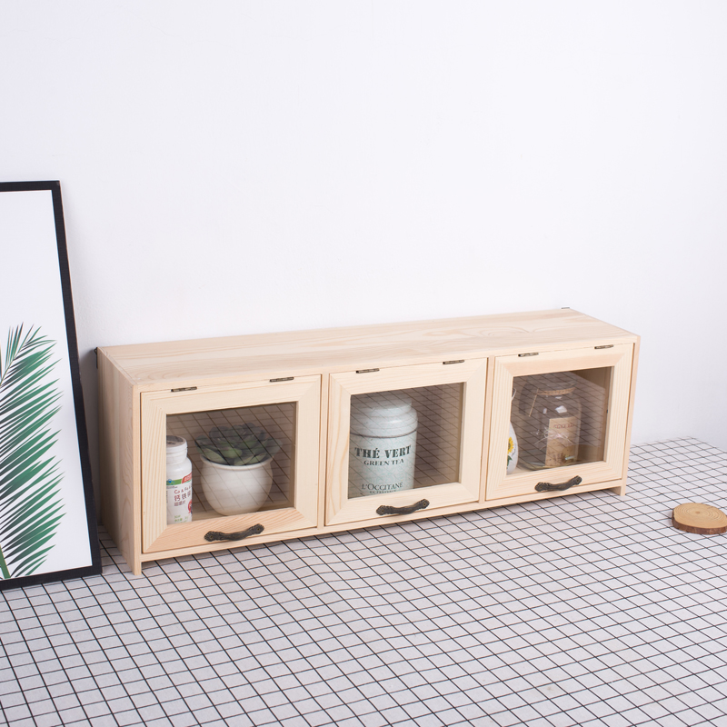 zakka实木收纳柜复古桌面储物整理柜可壁挂墙收纳盒三格玻璃门架_虎窝淘