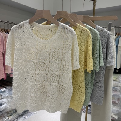韩系新款圆领镂空钩花亮片针织衫短袖女显瘦百搭减龄上衣52058