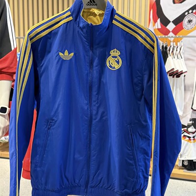 Adidas三叶草 皇马男子运动休闲潮流复古宽松足球夹克外套 JZ2236