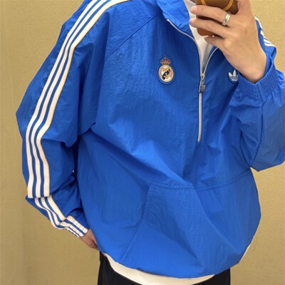 Adidas三叶草 皇马男子运动训练复古刺绣足球立领夹克外套 KC3736