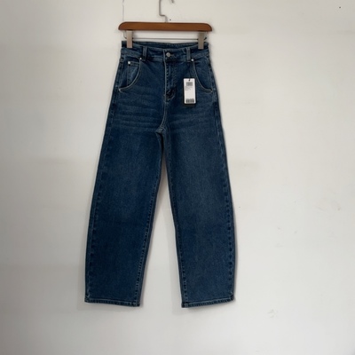 Jn女士牛仔裤蓝色加绒植绒长裤香蕉裤弯刀裤薄绒直筒弹力高腰宽松