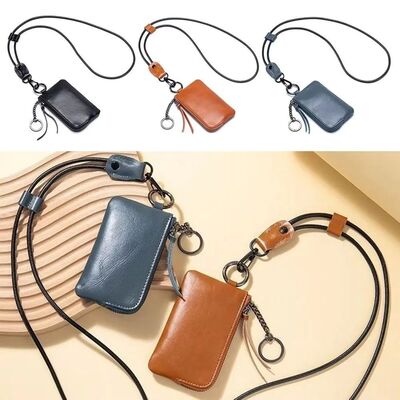 Vintage PU Hanging Neck Wallets Retro with Keychain Lanyard