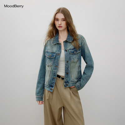 MoodBerry 美式复古做旧水洗牛仔外套女秋季宽松百搭翻领夹克上衣