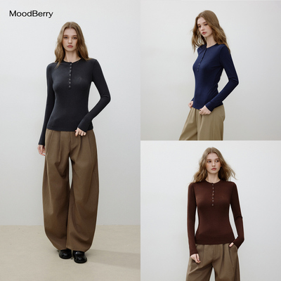 MoodBerry美式复古亨利领长袖T恤女秋季辣妹修身打底衫内搭上衣服