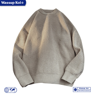 WASSUP KOI联名美式纯色圆领毛衣男女秋冬新款宽松潮牌休闲毛线衣