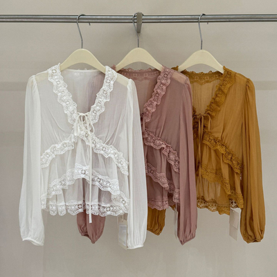 2026新款女装法式温柔风V领雪纺衬衫女长袖气质系带宽松百搭上衣