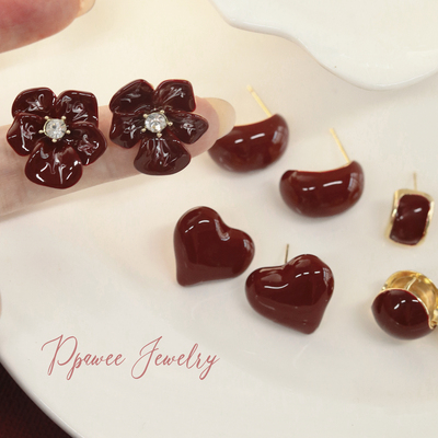 红黛记|暖冬显白安可拉红色珐琅花朵耳环爱心耳饰女精致秋冬耳钉