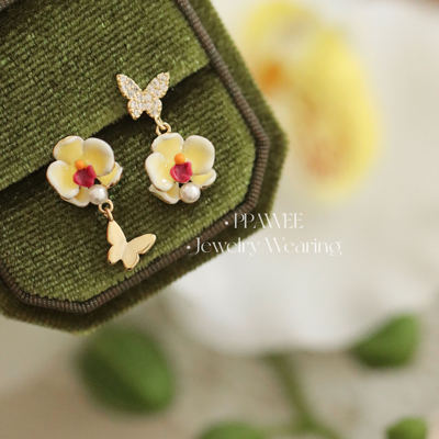 蝴蝶兰影|春夏不对称黄色花朵耳饰精致珐琅气质吊坠耳环可爱耳钉