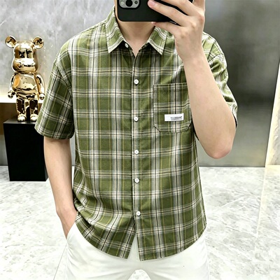 高档夏季新款男士格纹短袖衬衫休闲复古宽松潮流帅气时尚白搭CY46