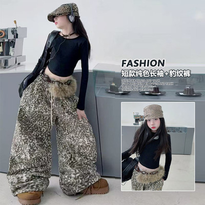 DD26韩版女童春秋黑色上衣豹纹裤子豹纹儿童运动套装