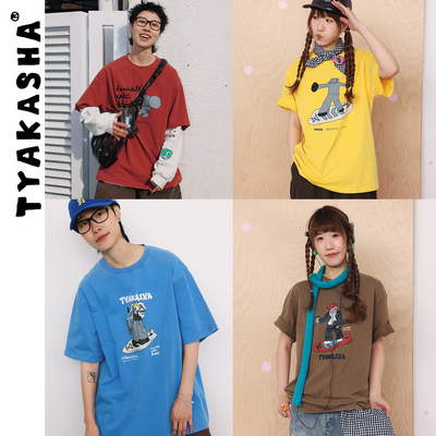 TYAKASHA塔卡沙男女款T恤2026春季新款休闲插画复古做旧感短袖T恤