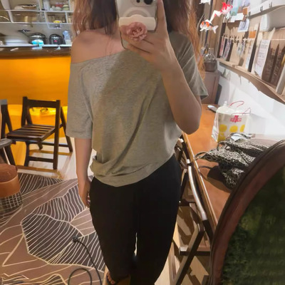 夏季薄款显瘦宽松休闲轻薄舒适一字肩斜肩堆叠两穿短袖T恤女3064