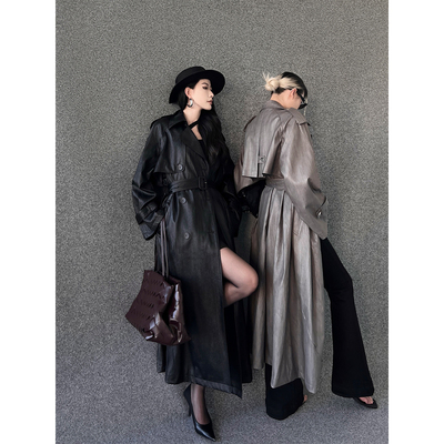PAPERLLL辛间 旧时巴黎 复古肌理感翻领皮风衣廓形长款外套大衣女
