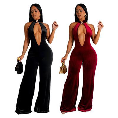 Fashion women's sexy deep V halter romper Backless jumpsuit