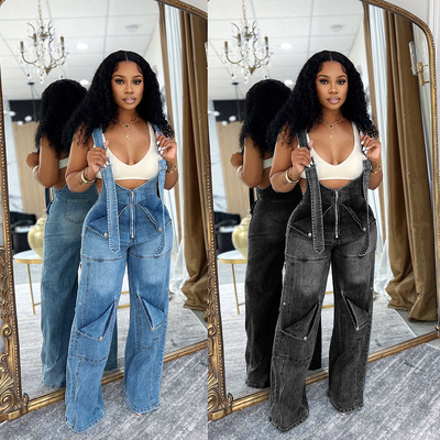 High waisted denim overalls women's casual wide leg jumpsuit