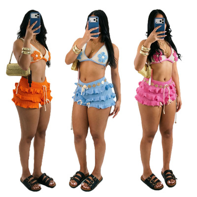 beach shorts with exposed navel women's knitted strap set
