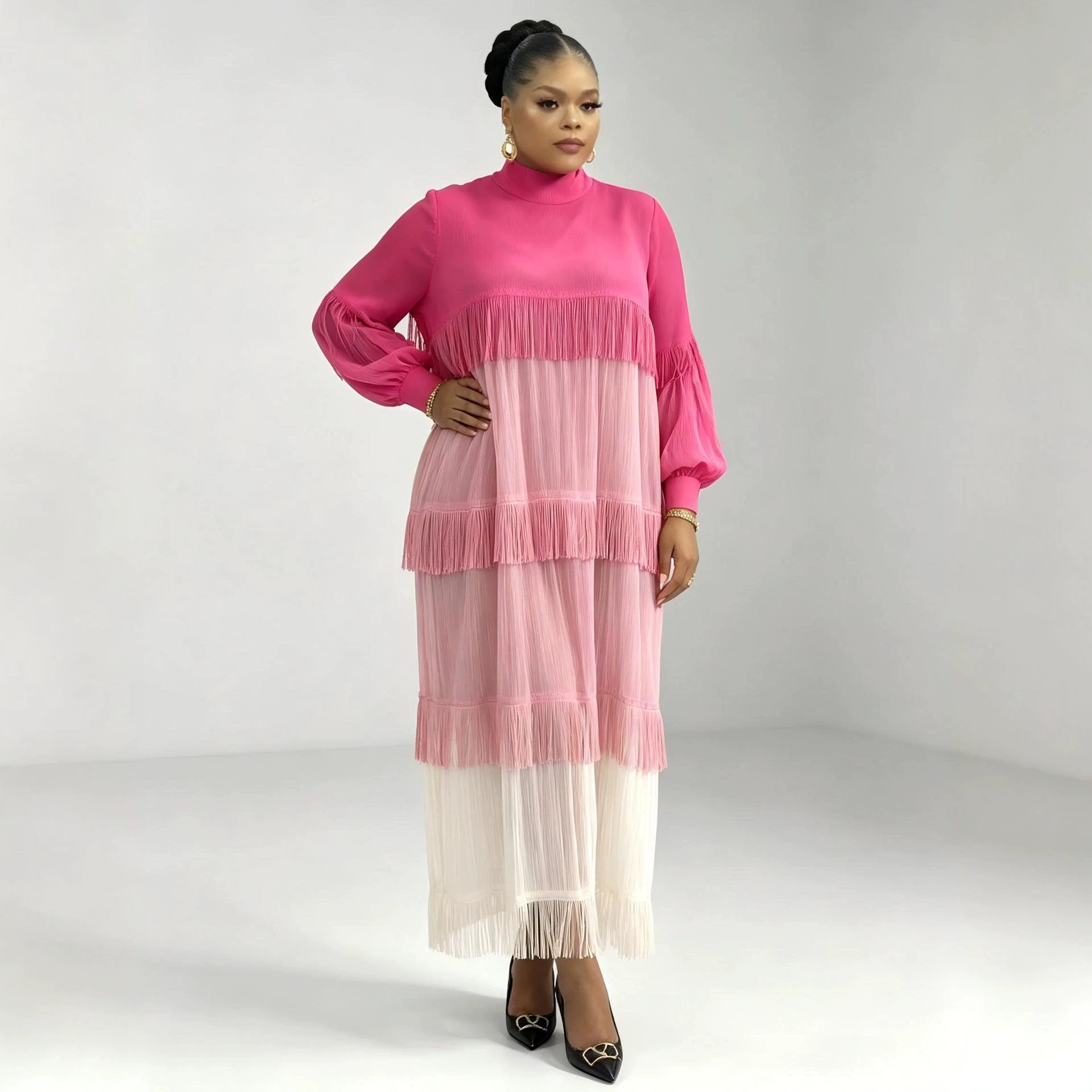 大码拼色连衣裙流苏下摆设计感春秋新款宽松休闲百搭长裙优质日韩