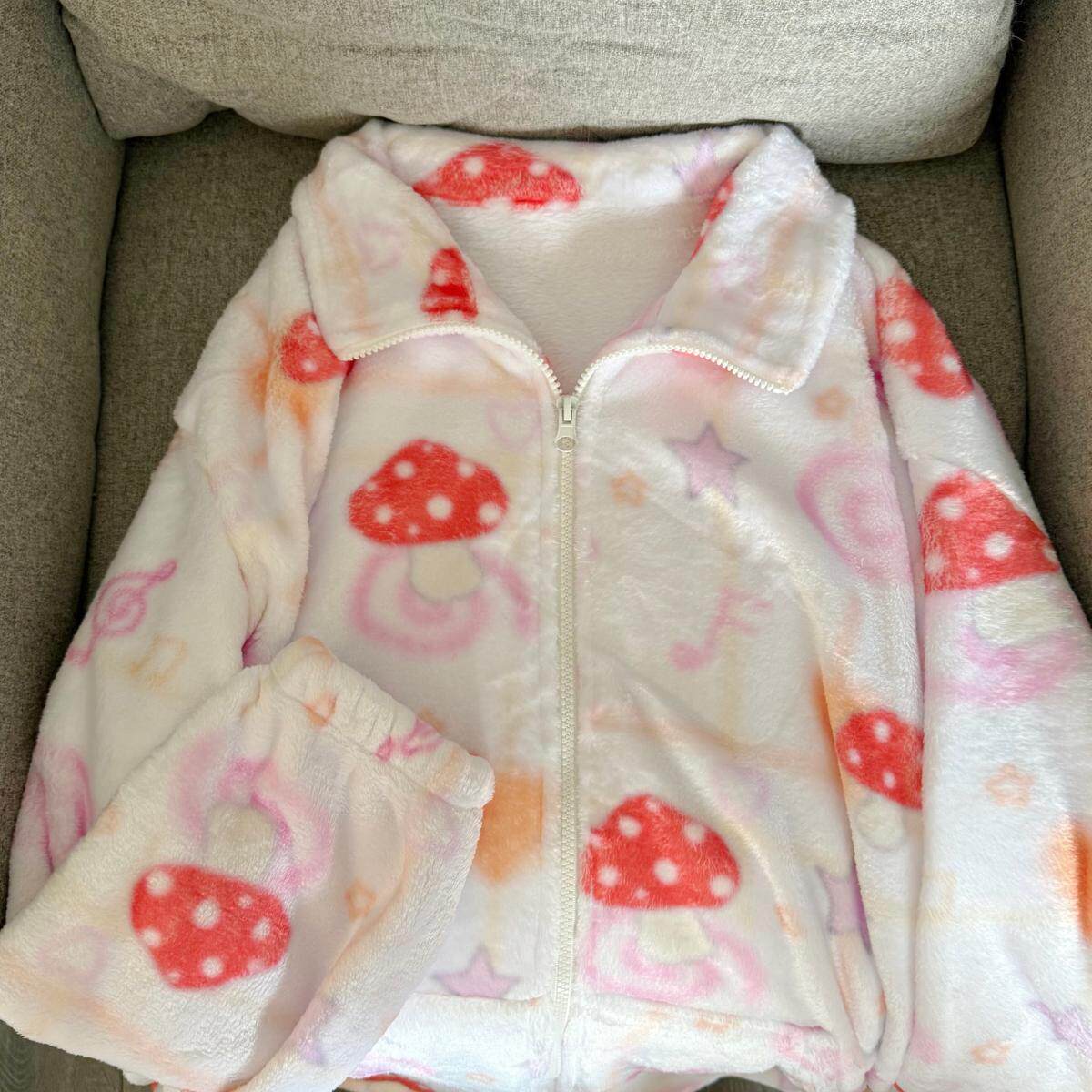 Ruibbit原创蘑菇白色印花睡衣法兰绒秋冬长袖睡衣套装家居服女ins