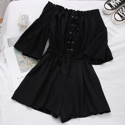 胖mm特大码2-300斤松紧露肩一字领系带连体裤女夏收腰时尚阔腿裤