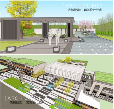 新中式沿街两层底商商业入口大门庭院景观su模型草图大师