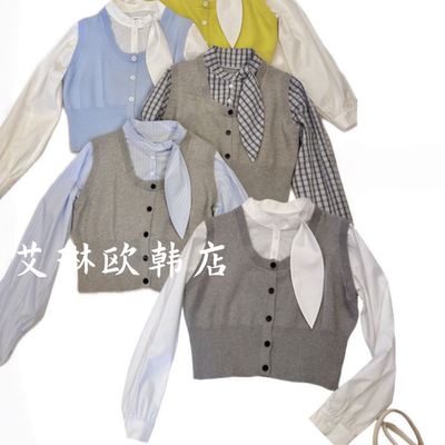 55909春款假两件针织衫条纹飘带