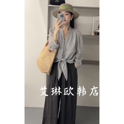 7782气质V领系带苎麻防晒衬衫