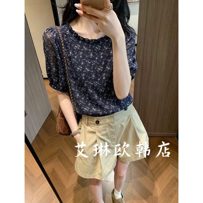 3125欧货木耳边碎花天丝真丝衬衫