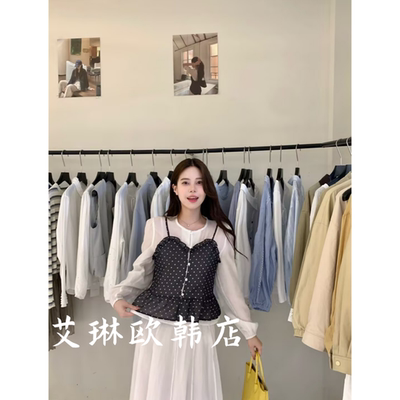 9880春款甜美波点吊带假两件衬衫
