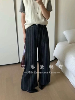 67008高腰直筒阔腿条纹休闲裤