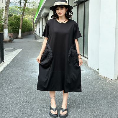 250391欧货夏季大版连衣裙拼接时尚短袖圆领胖MM宽松显瘦黑裙子潮