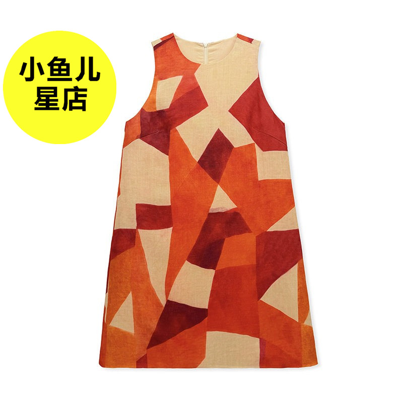 改良汉服复古撞色几何印花无袖连衣裙圆领后拉链A宽松背心短裙夏
