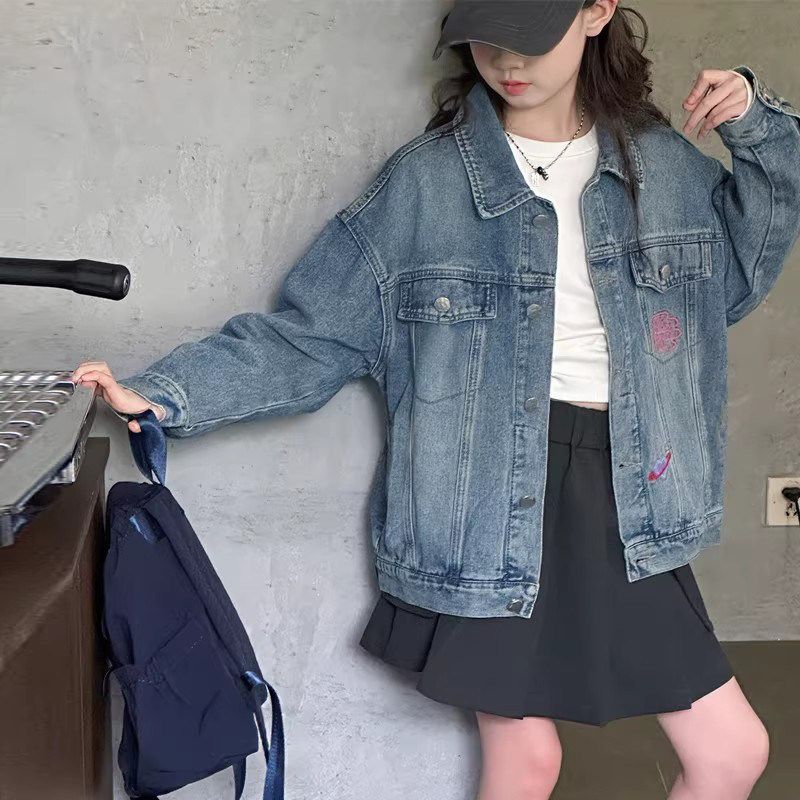 春装新款女童装儿童韩版洋气时髦牛仔外套中大童甜美刺绣儿童上衣