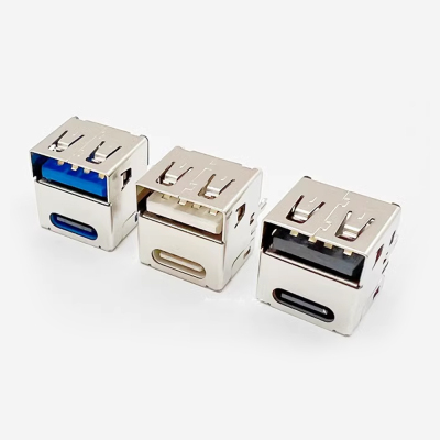 双口TYPE-C母座14PIN加USB2.0A口二合一 立式双层直插快车充母头