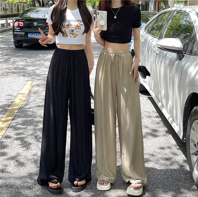 小个子145cm窄版冰丝褶皱轻松裤女夏季150高腰显瘦抖抖阔腿休闲裤