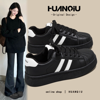 环球黑色贝壳头溶解小白鞋女2026新款爆款百搭轻便板鞋增高休闲鞋