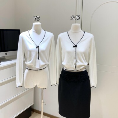 蘑糯糯同款 米白色蝴蝶结长袖针织衫春夏秋厚度属于凉爽透气纱线