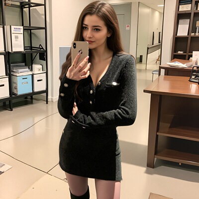 秋冬气质收腰设计感针织连衣裙