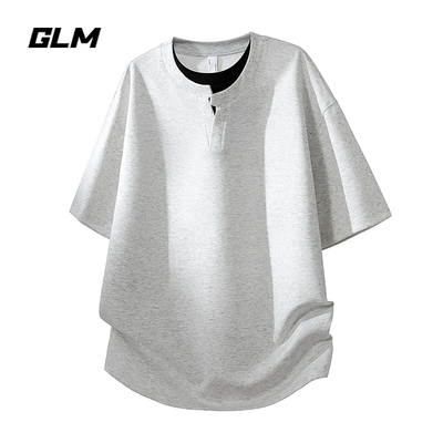 GLM美式假两件亨利领短袖T恤男夏季潮牌宽松百搭潮流休闲半袖上衣